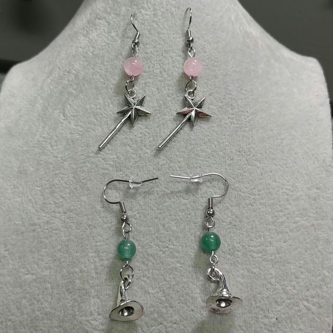 Wicked Earrings Glinda Rose Quartz Wand Earrings Elphaba Aventurine Hat ...