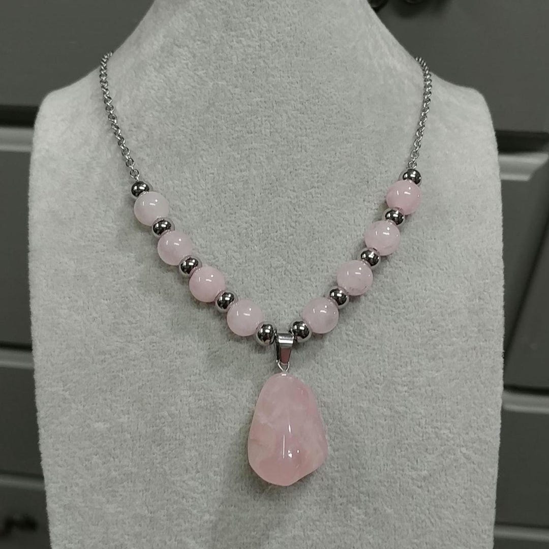 Rose Quartz Beaded Necklace Natural Gemstone Crystal Pendant Stainless ...
