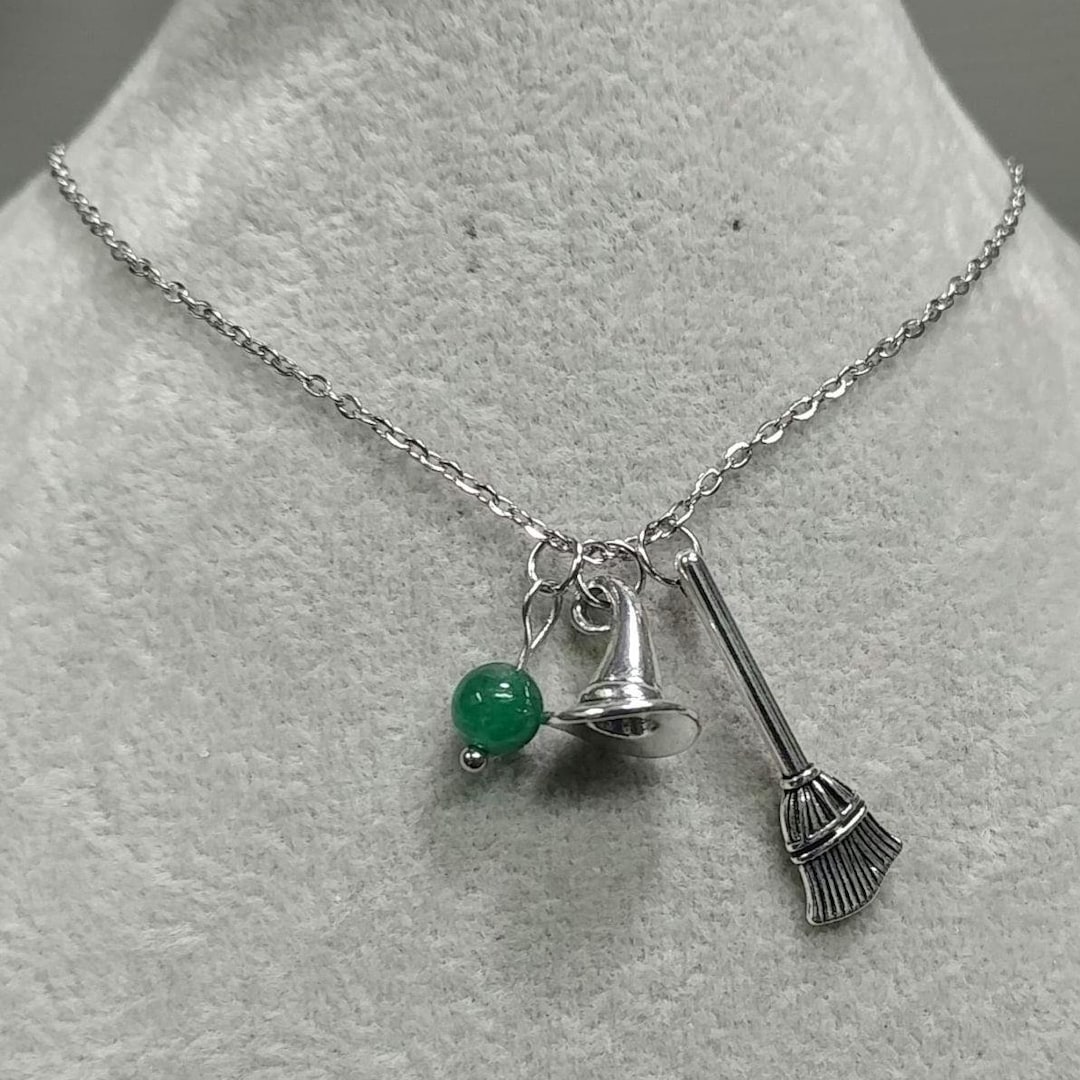 Wicked Elphaba Necklace Witch Hat Broom Pendant Natural Fuchsite ...