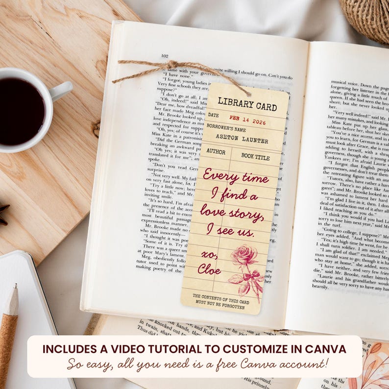 Custom Valentine’s Day Card Bookmark, Editable Vintage Library Card DIY ...