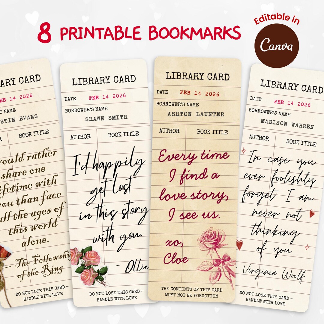 Editable Library Card Bookmark, Printable DIY Couple Gift, Anniversary ...