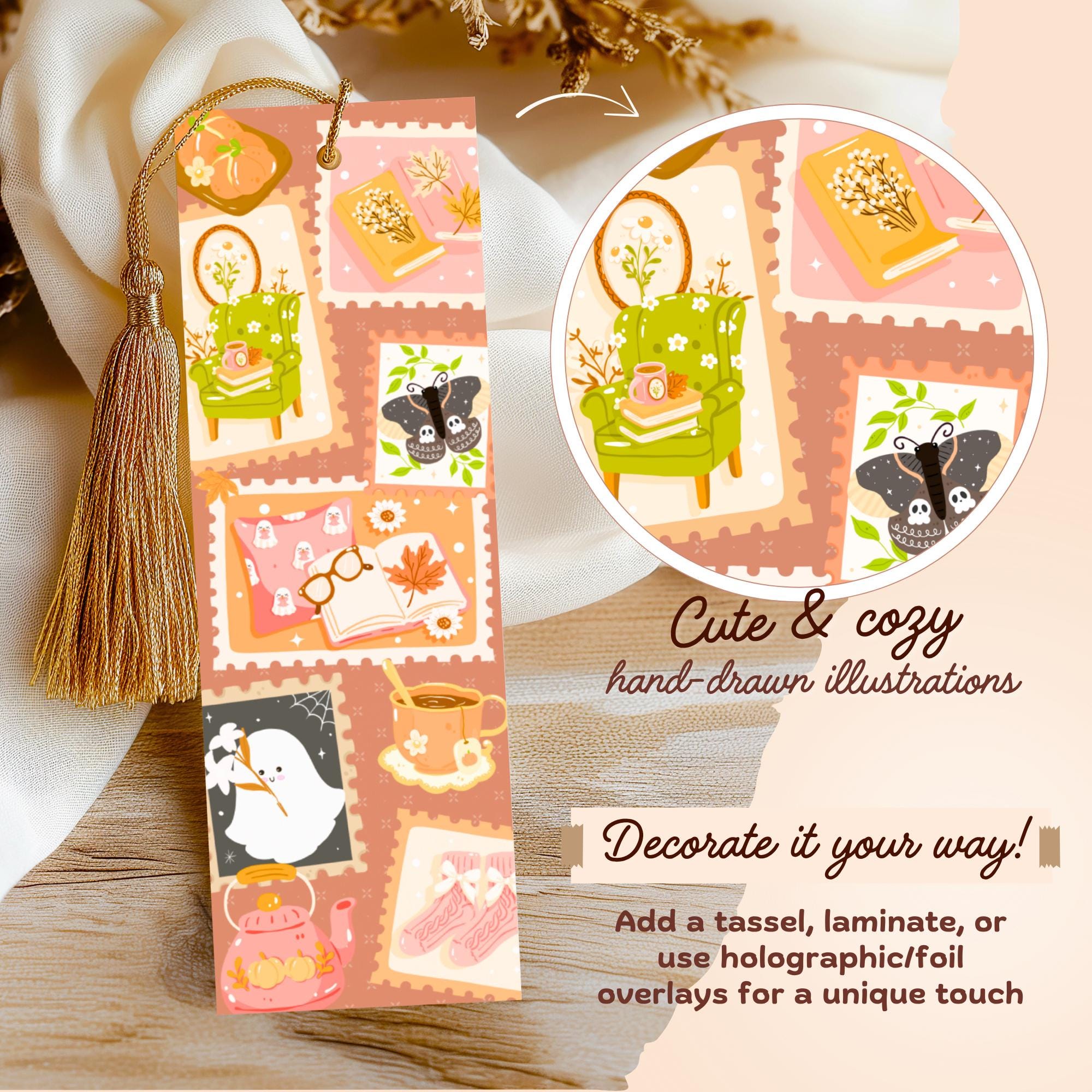 Halloween Fall Bookmark Set Printable PNG, Cute Cozy Spooky Ghost ...