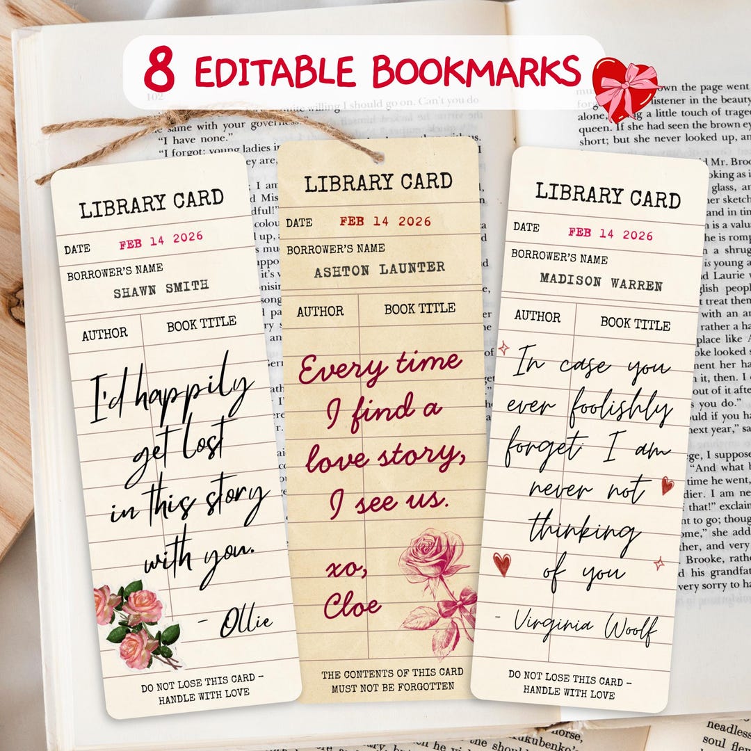 Custom Valentine’s Day Card Bookmark, Editable Vintage Library Card DIY ...