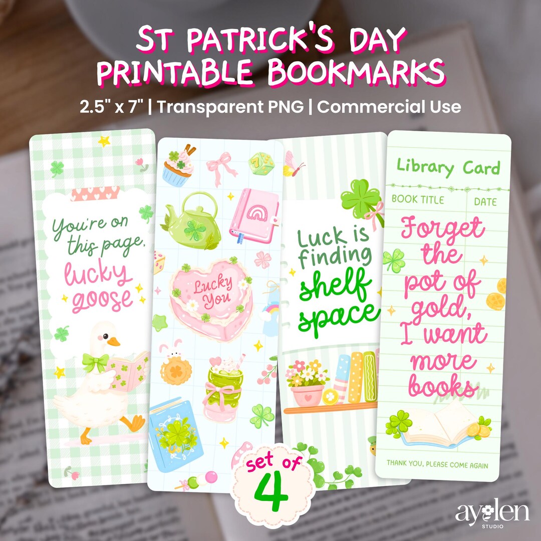 St Patrick's Day Printable Bookmark Set, Lucky Green Bookmarks Design ...