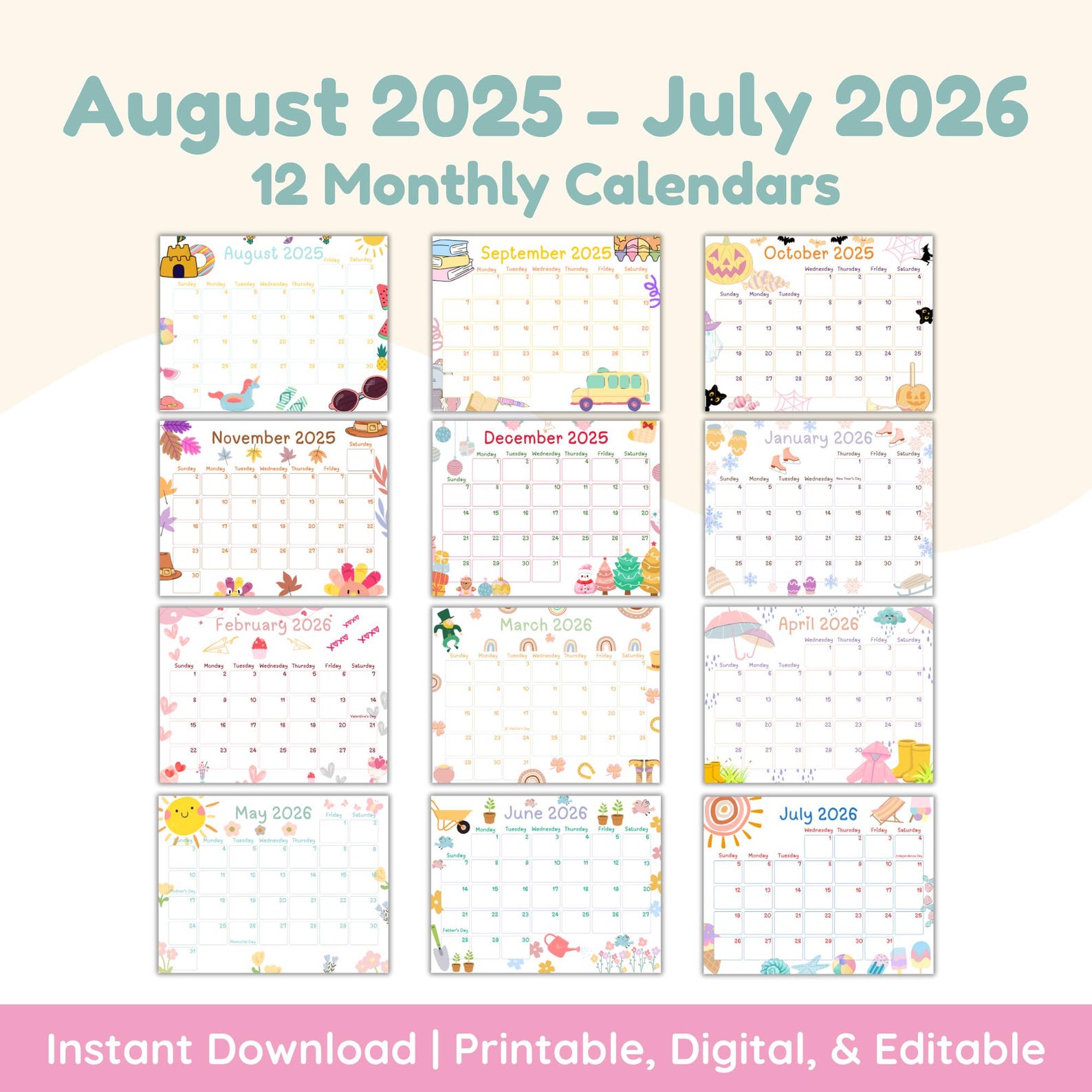 2025 2026 School Year Calendar Printable, Classroom August to July ...