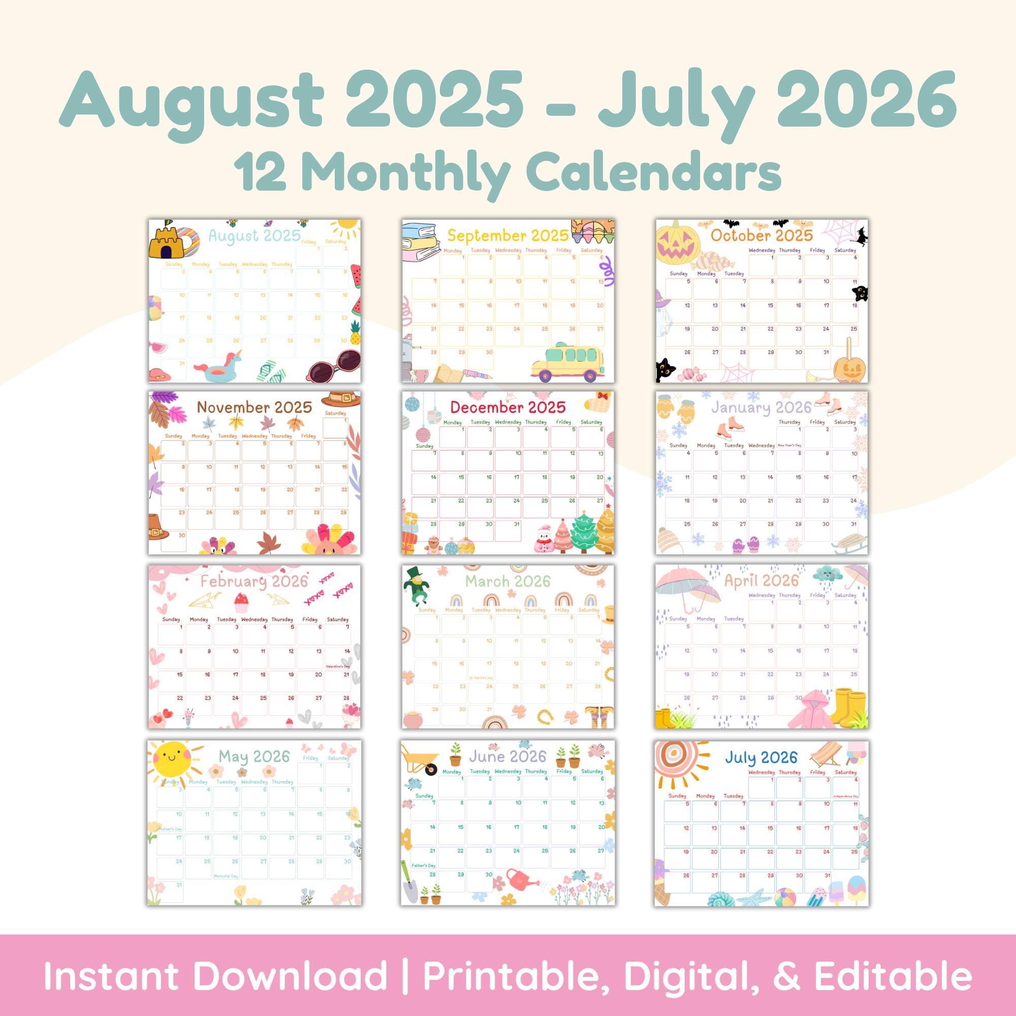 2025 2026 School Year Calendar Printable, Classroom August to July ...