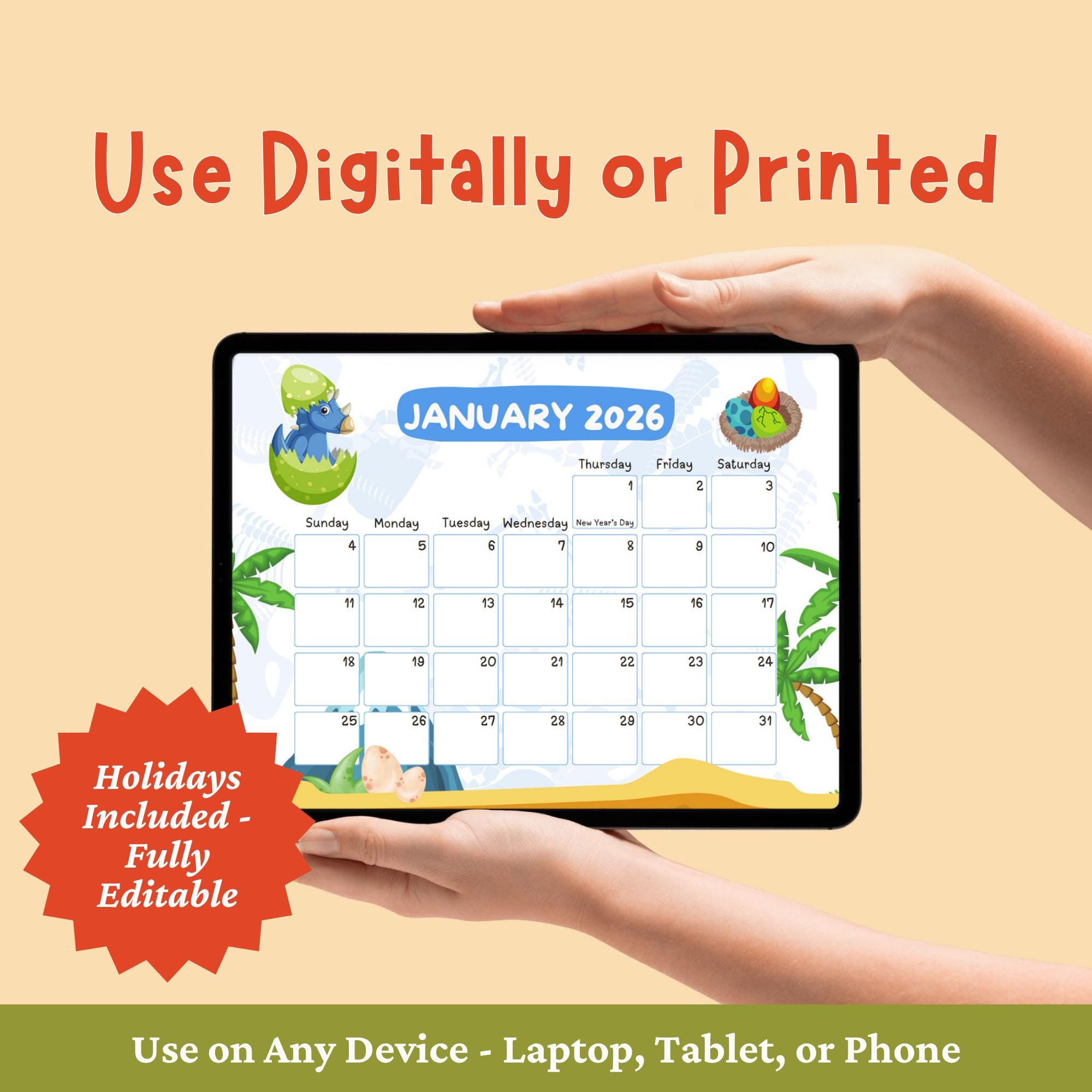2026 Dinosaur Calendar Printable, Editable Monthly Planner for Kids ...