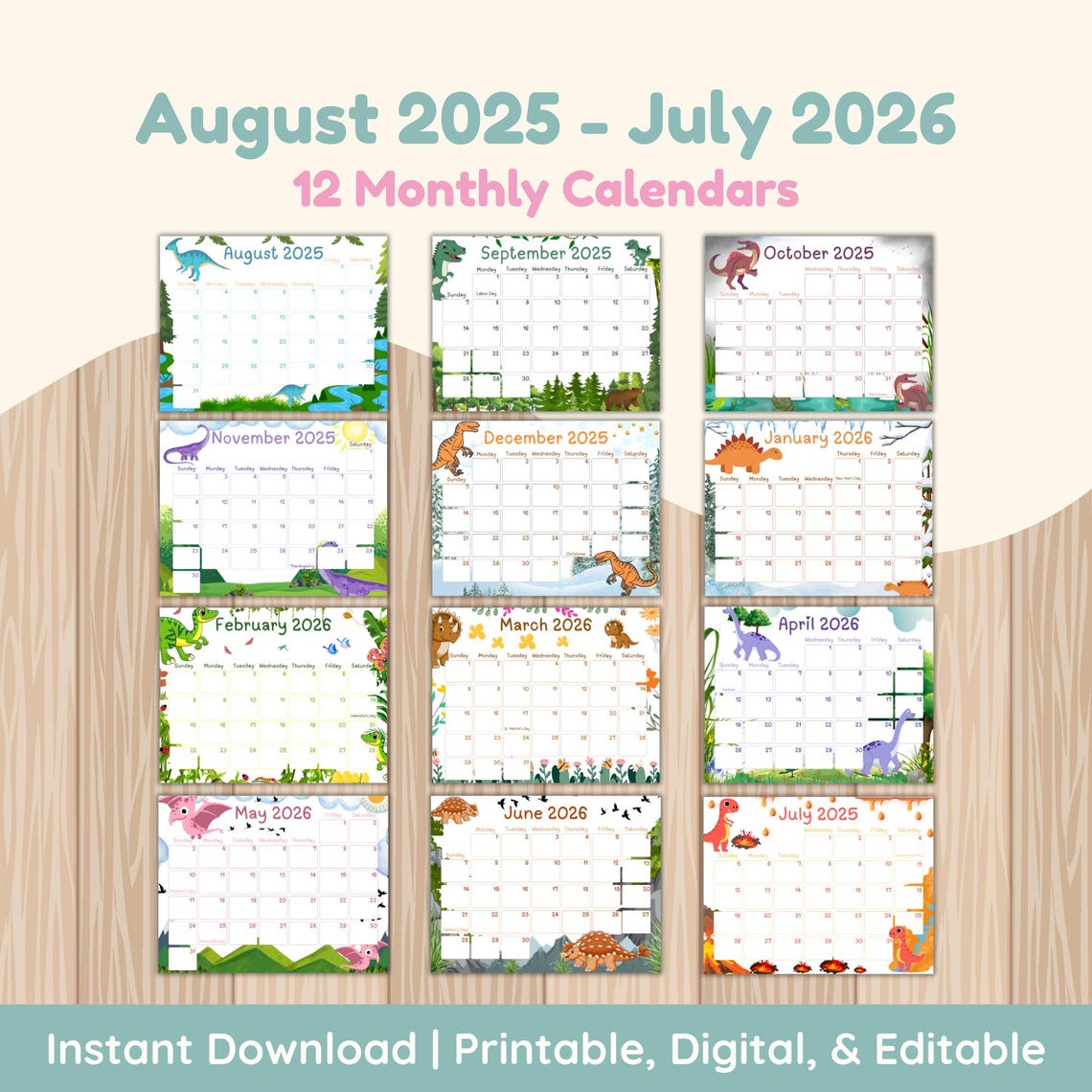 Dinosaur School Year Calendar 2025 2026, Editable Monthly Calendar for ...