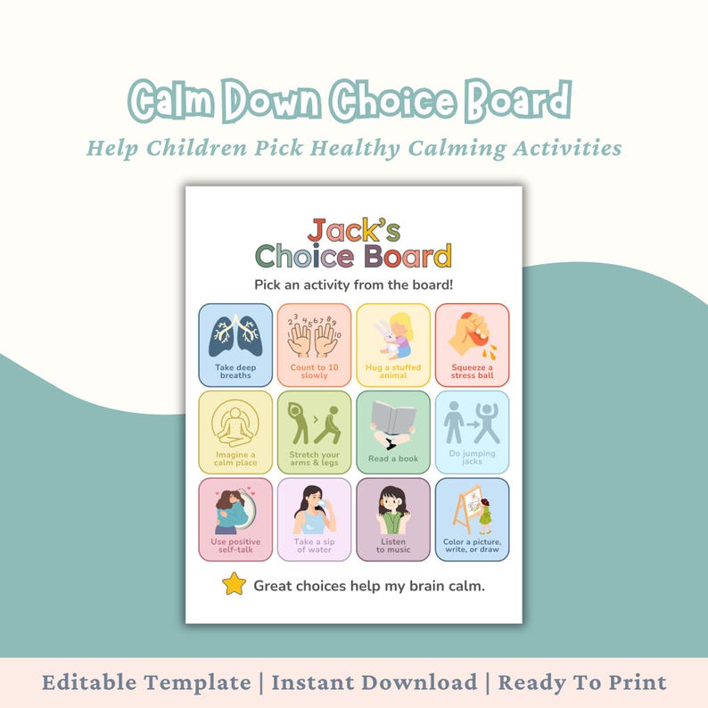 Calm Down Choice Board Printable, Kids Emotional Regulation Tool, SEL ...