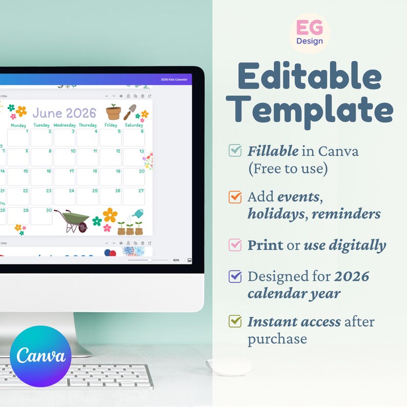 2026 Calendar Printable, Monthly Calendar Editable Template, Family ...