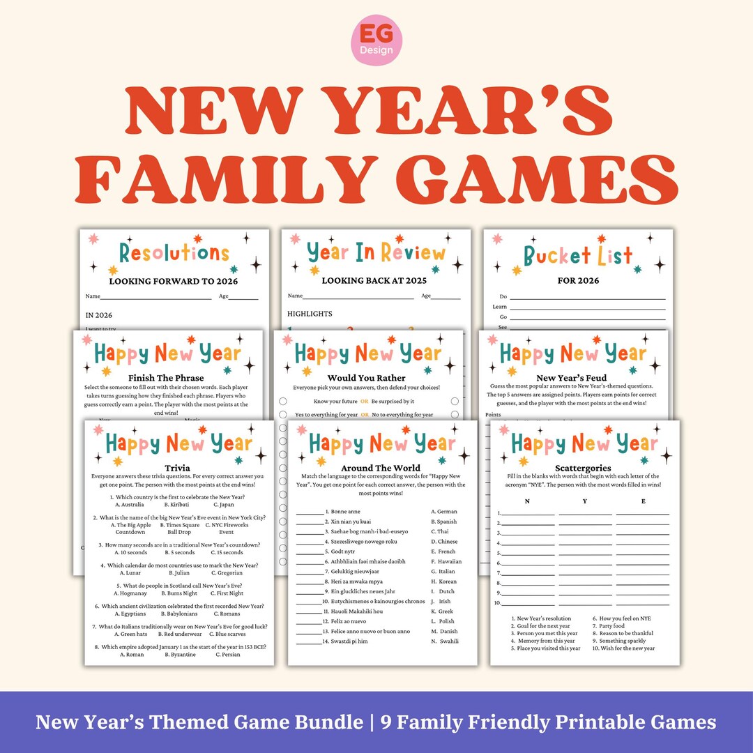 New Years Eve Games, Family Printable Game Bundle, NYE Trivia, 2026 ...