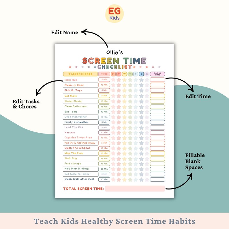 Kids Screen Time Checklist, Editable Kids Reward Chart, Printable ...