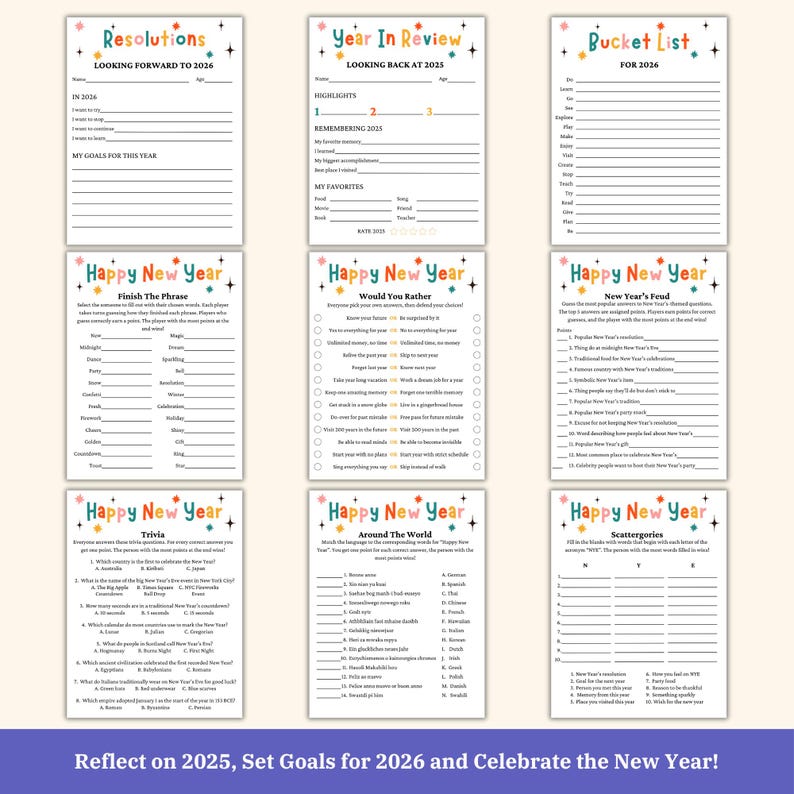 New Years Eve Games, Family Printable Game Bundle, NYE Trivia, 2026 ...
