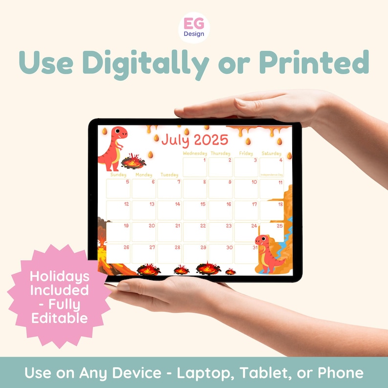 Dinosaur School Year Calendar 2025 2026, Editable Monthly Calendar for ...