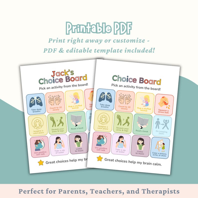 Calm Down Choice Board Printable, Kids Emotional Regulation Tool, SEL ...