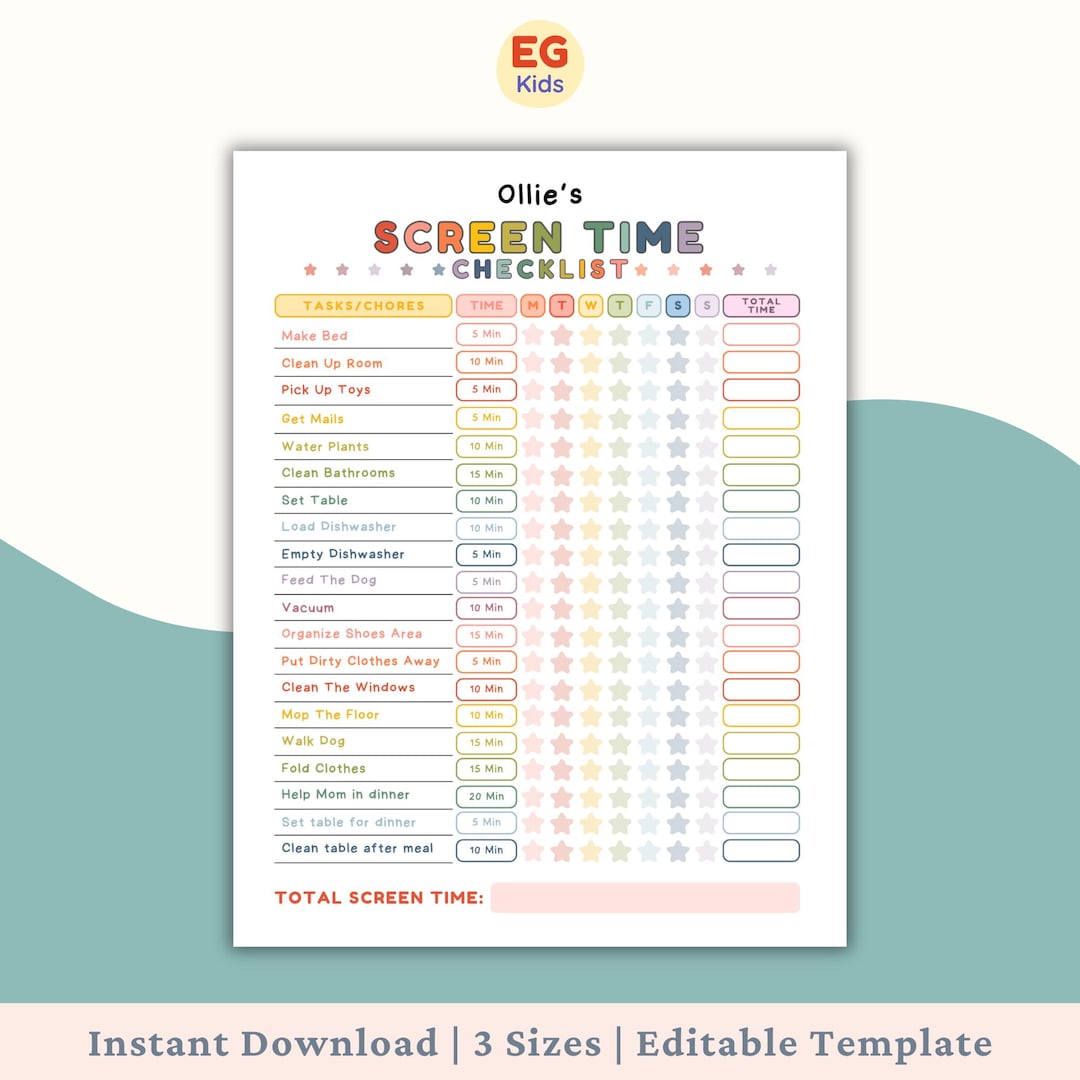 Kids Screen Time Checklist, Editable Kids Reward Chart, Printable ...