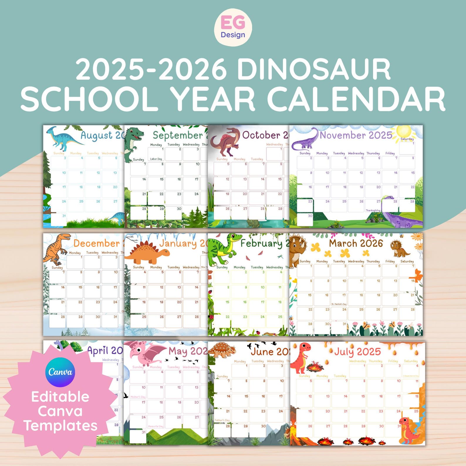 Dinosaur School Year Calendar 2025 2026, Editable Monthly Calendar for ...