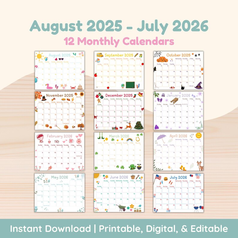 School Year Calendar, 2025 2026 Monthly School Planner, Editable ...