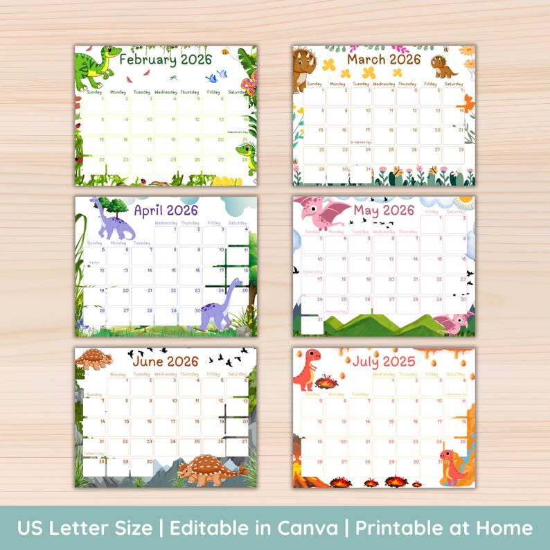 Dinosaur School Year Calendar 2025 2026, Editable Monthly Calendar for ...