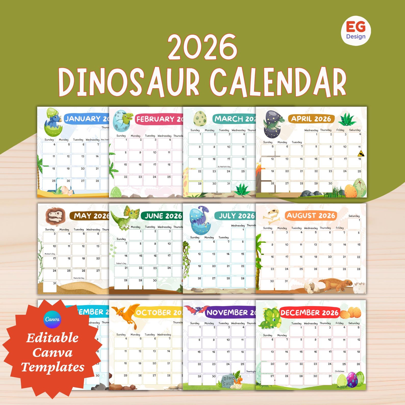 2026 Dinosaur Calendar Printable, Editable Monthly Planner for Kids ...