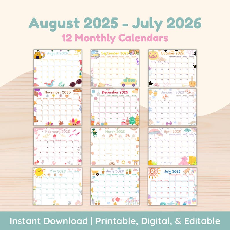 2025 2026 School Year Calendar, Editable Monthly Calendar Template ...