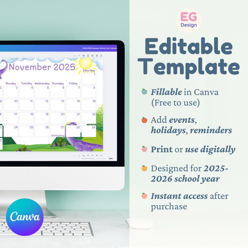 Dinosaur School Year Calendar 2025 2026, Editable Monthly Calendar for ...