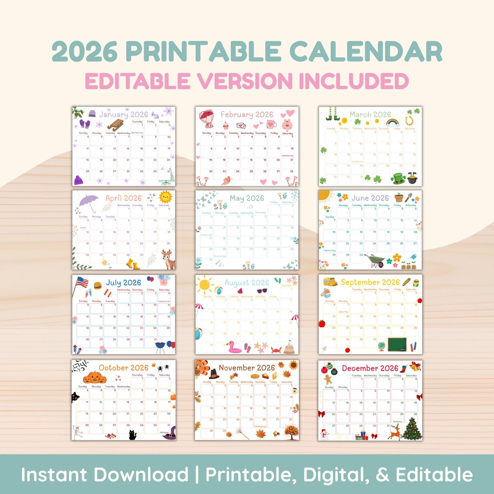 2026 Calendar Printable, Monthly Calendar Editable Template, Family ...