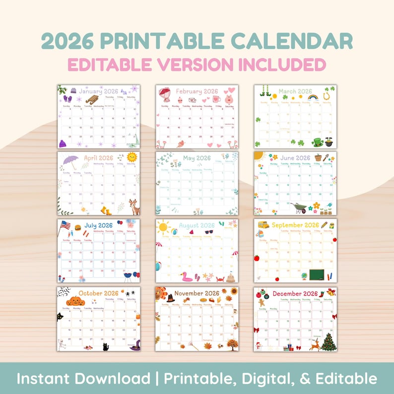 2026 Calendar Printable, Monthly Calendar Editable Template, Family ...