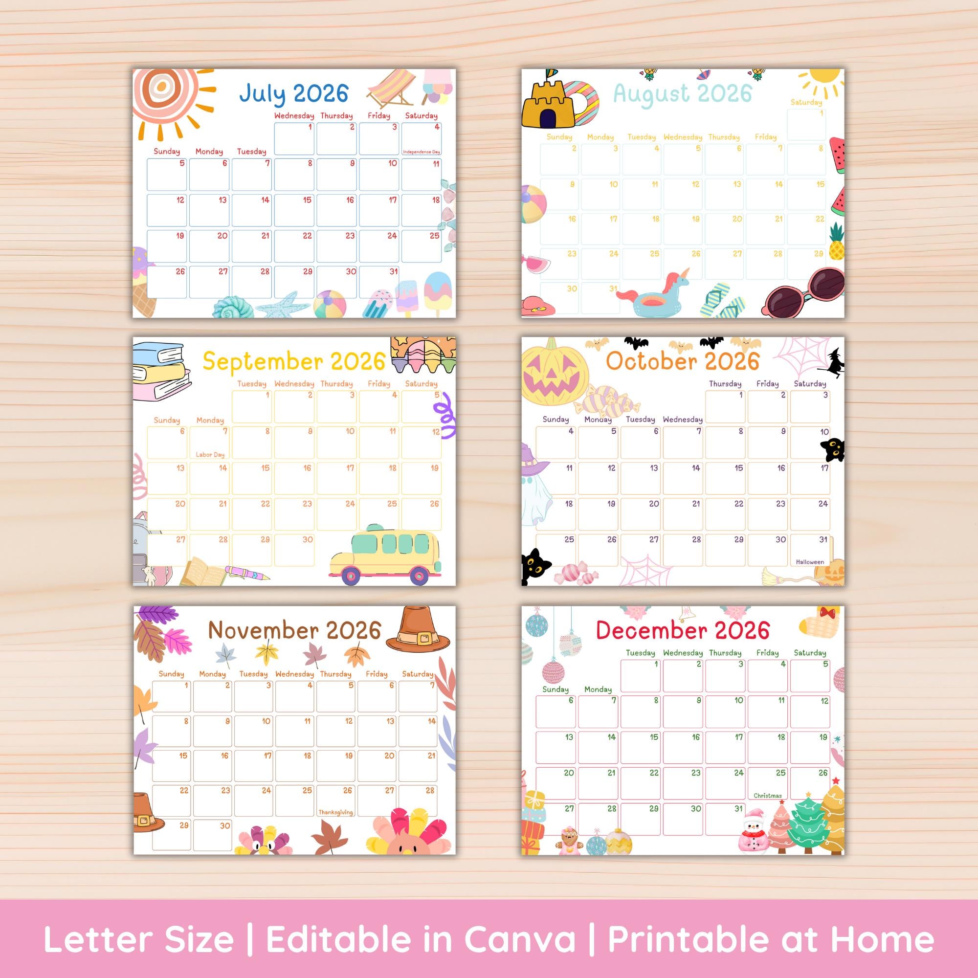 2026 Calendar Printable, Editable Calendar Template, Kids Calendar ...