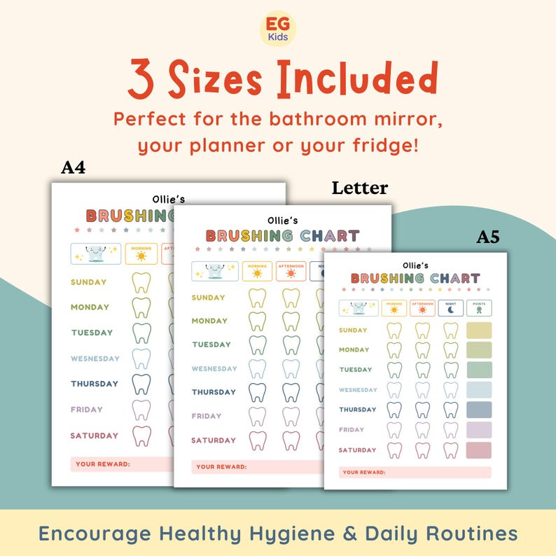 Kids Teeth Brushing Hygiene Chart, Printable Tooth Brushing Reward ...
