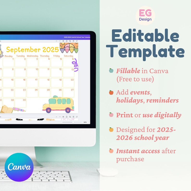 Calendario escolar 2025-2026, plantilla de calendario mensual editable ...