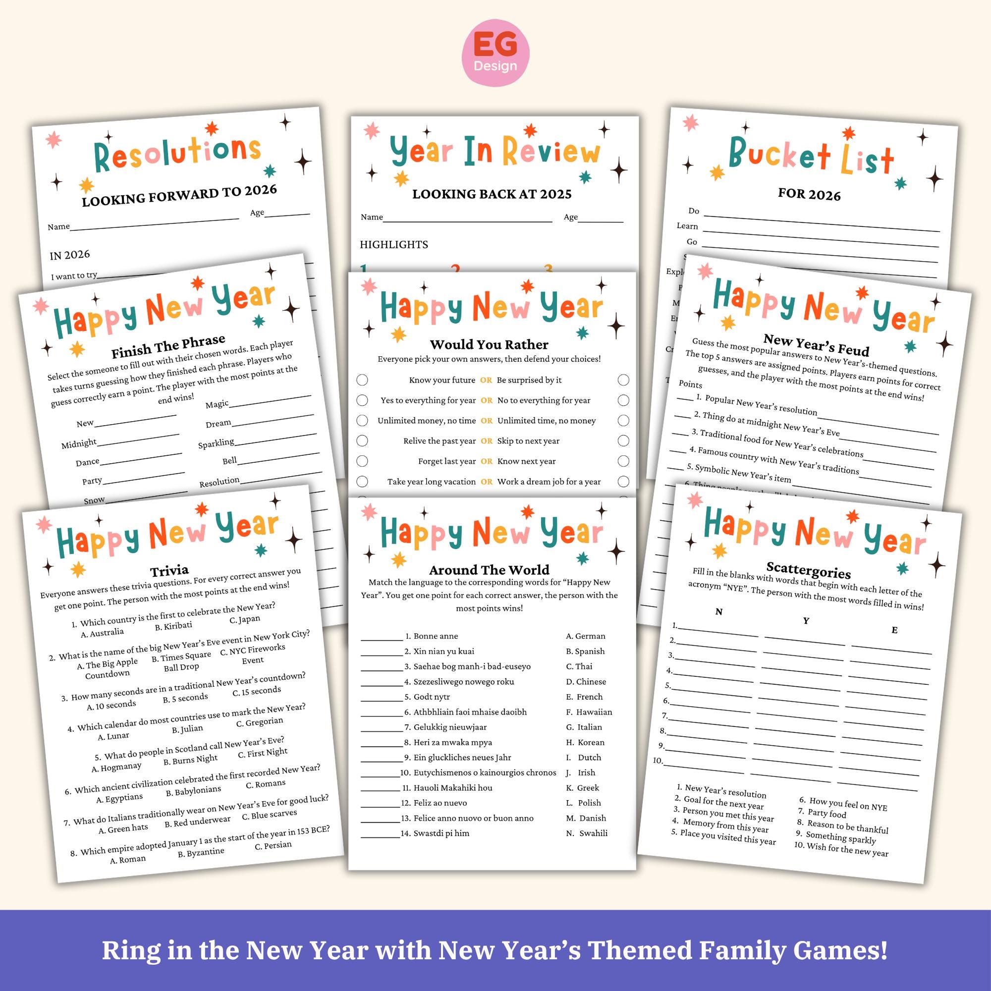 New Years Eve Games, Family Printable Game Bundle, NYE Trivia, 2026 ...
