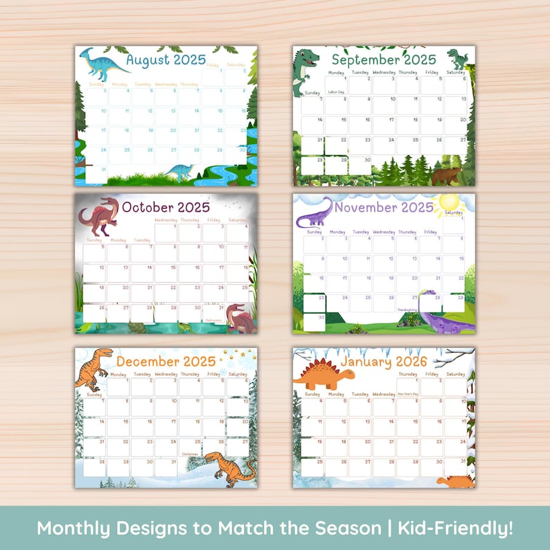 Dinosaur School Year Calendar 2025 2026, Editable Monthly Calendar for ...