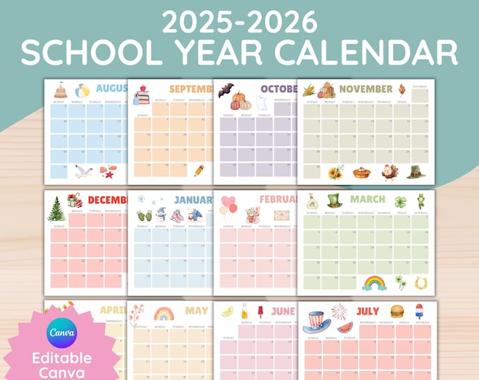 2025 2026 School Year Calendar, Academic Monthly Planner, Editable ...