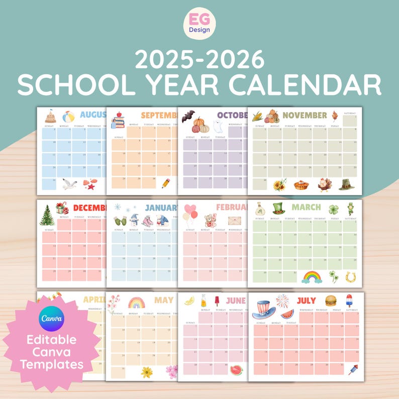 2025 2026 School Year Calendar, Academic Monthly Planner, Editable ...