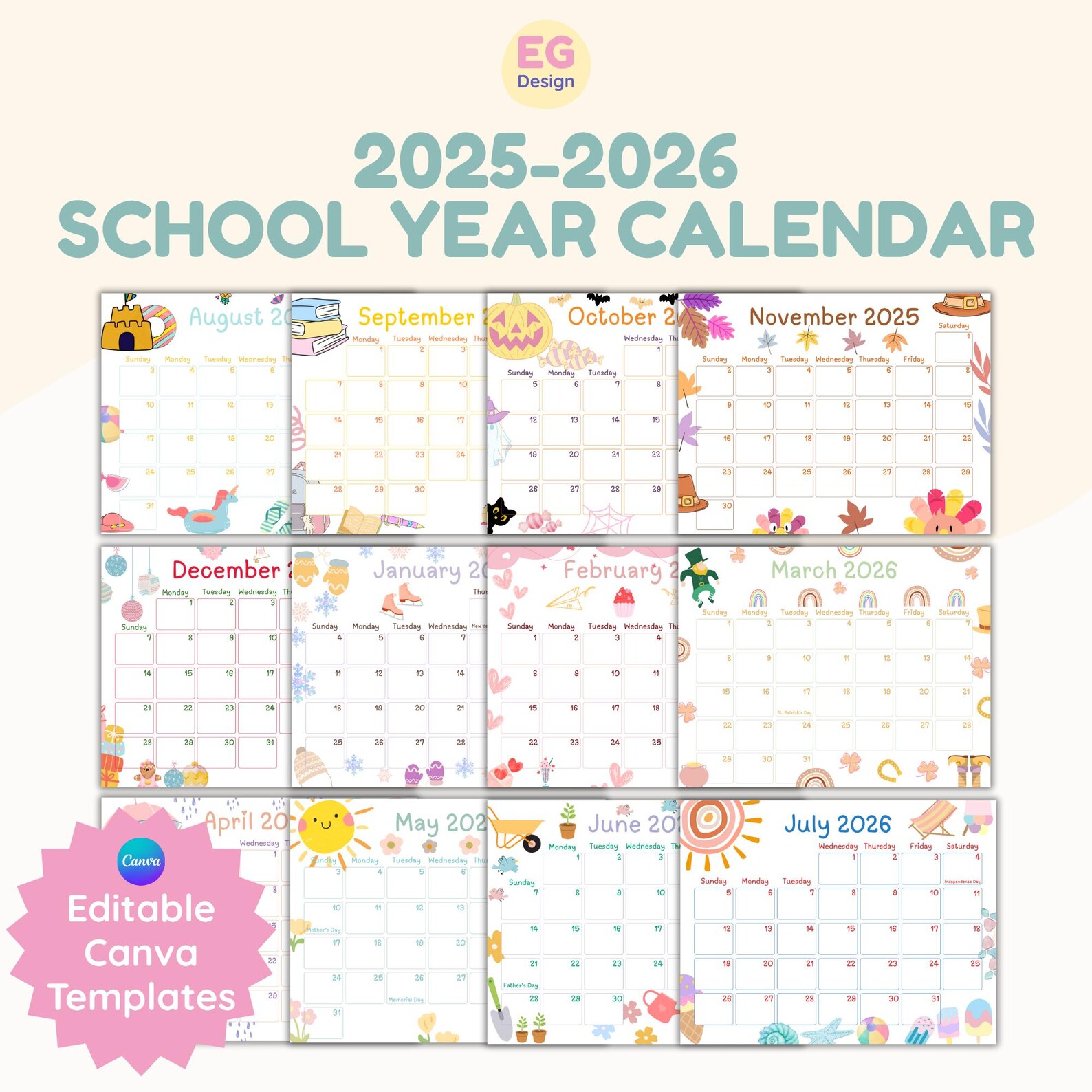 2025 2026 School Year Calendar Printable, Classroom August to July ...