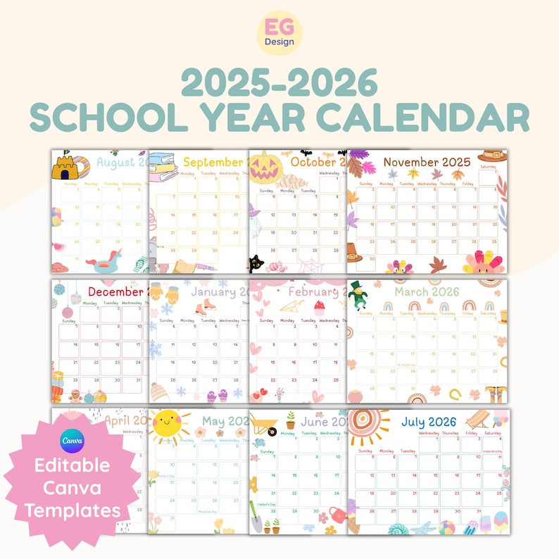 2025 2026 School Year Calendar Printable, Classroom August to July ...