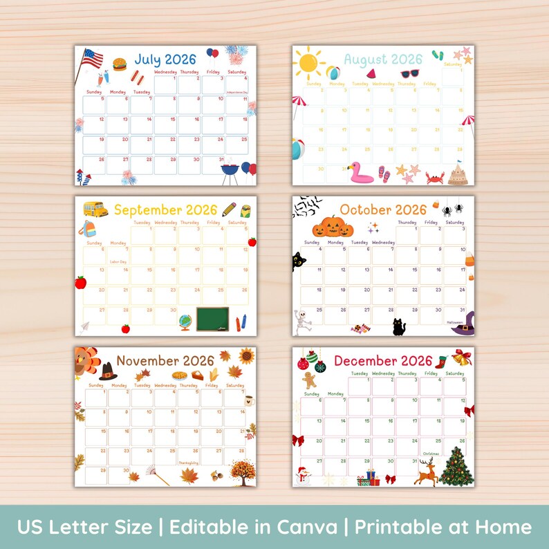 2026 Calendar Printable, Monthly Calendar Editable Template, Family ...