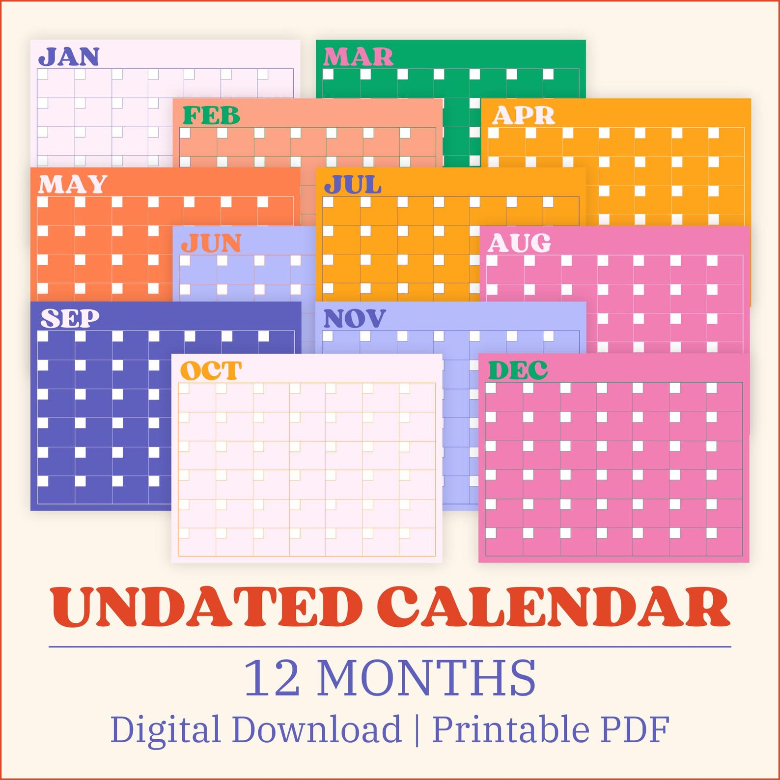 Printable Wall Calendar Undated, Yearly Calendar, Colorful Monthly ...