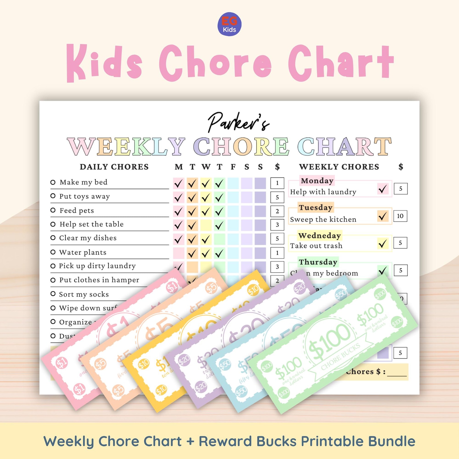 Editable Kids Chore Chart, Printable Reward Bucks, Children Weekly ...