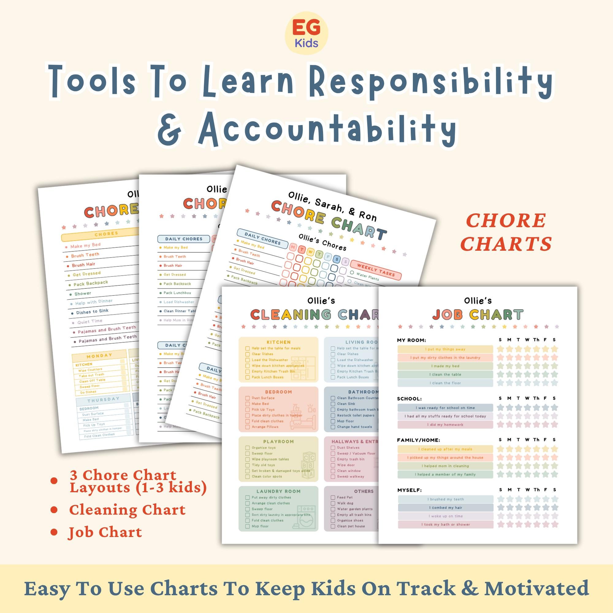 Children Responsibility Charts Bundle, Editable Kids Routine Checklists ...