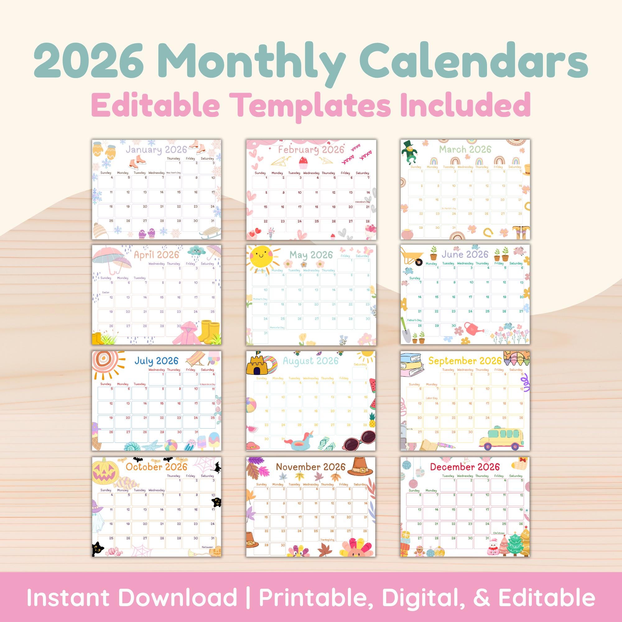 2026 Calendar Printable, Editable Calendar Template, Kids Calendar ...