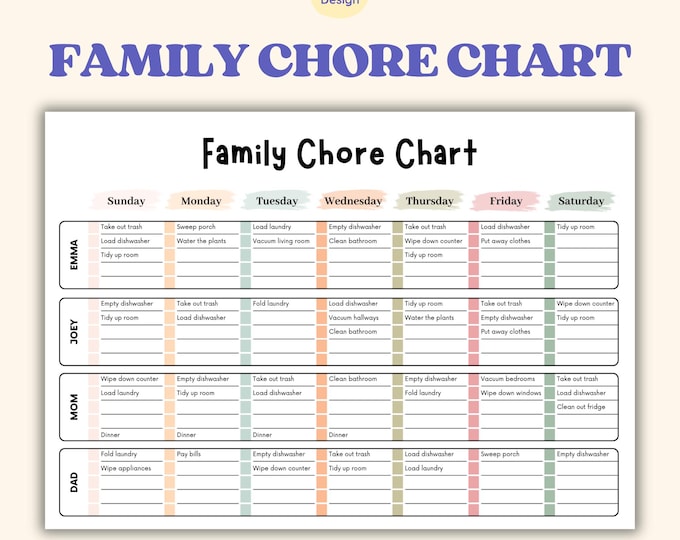 Create a Family Chore Chart! 4-6 People Responsibility Printable ...