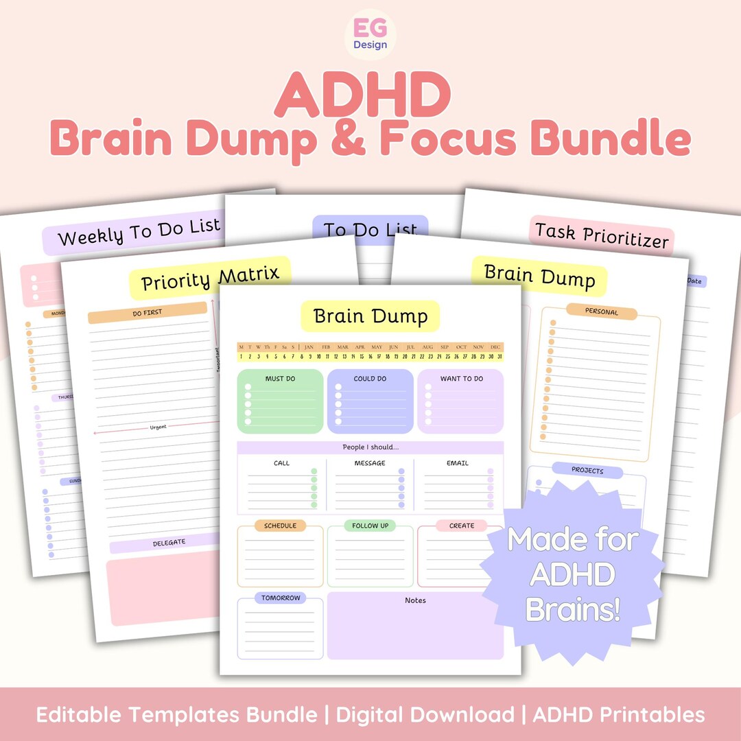 ADHD Brain Dump Bundle, Productivity Focus Planner, Prioritization to ...