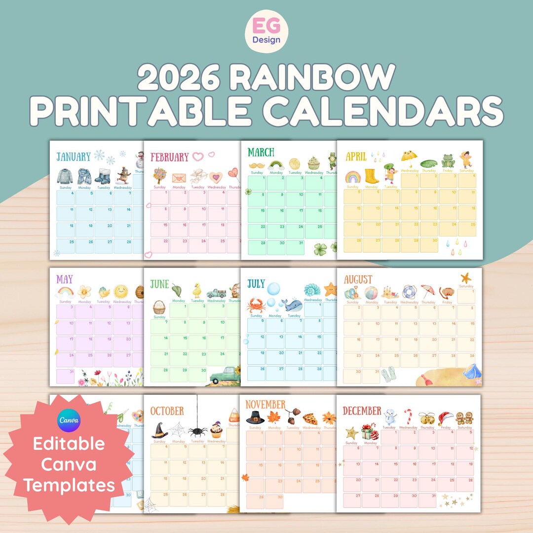2026 Printable Calendar Bundle, Monthly Editable Calendar, Rainbow ...