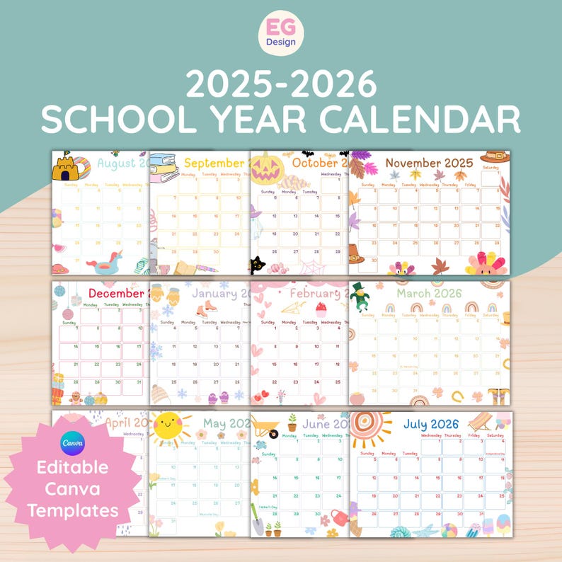2025 2026 School Year Calendar, Editable Monthly Calendar Template ...