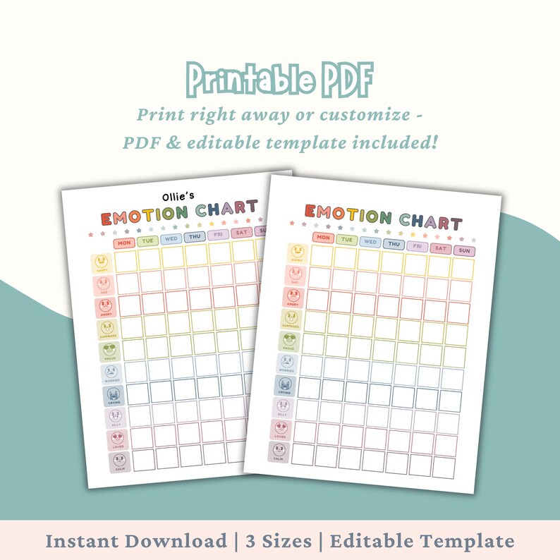 Kids Emotion Chart Printable, Editable Feelings Tracker for Children ...