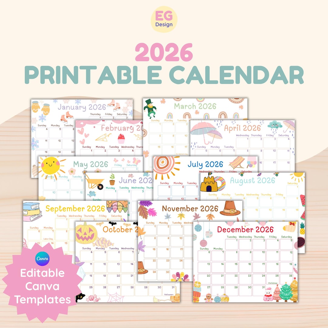 2026 Calendar Printable, Editable Calendar Template, Kids Calendar ...