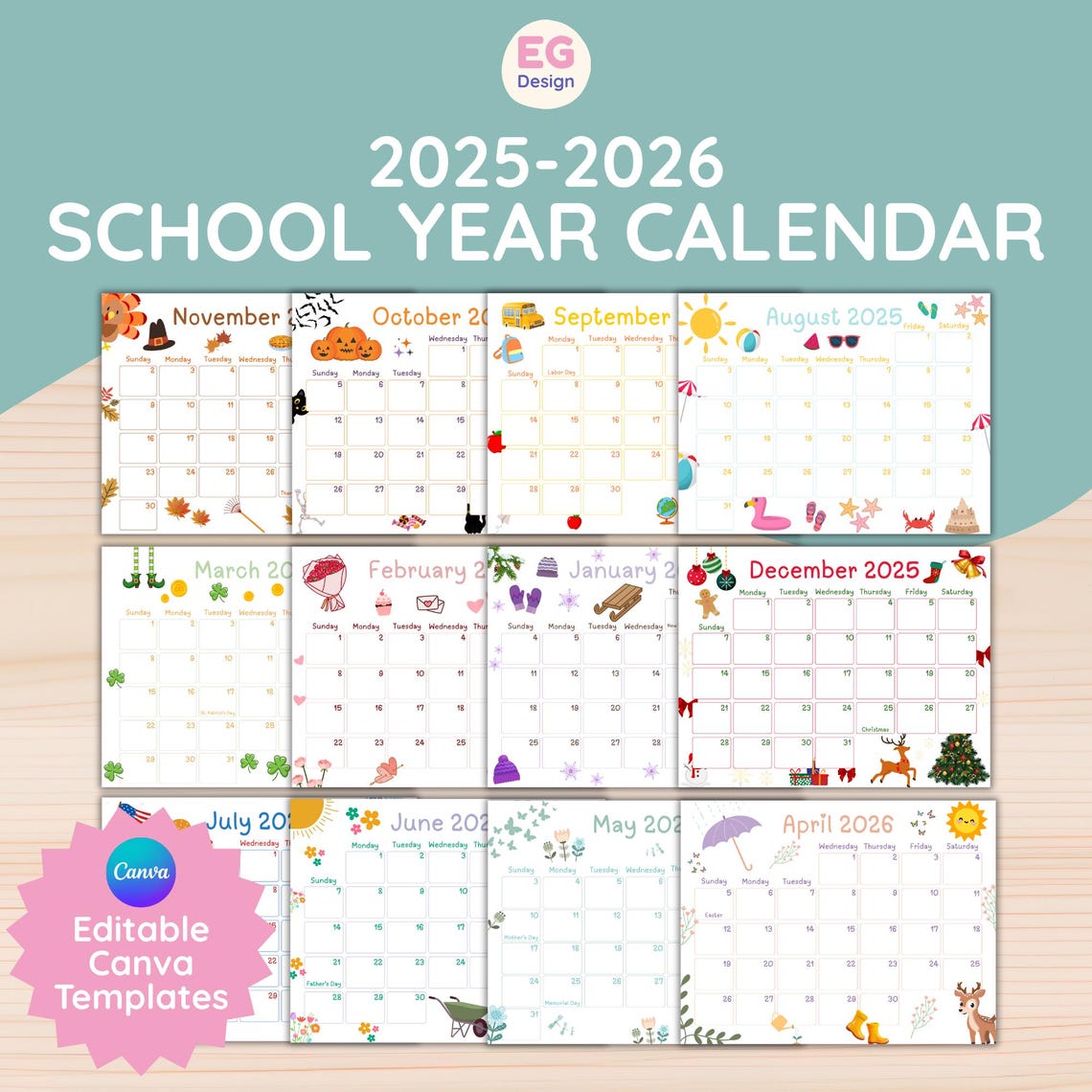School Year Calendar, 2025 2026 Monthly School Planner, Editable ...