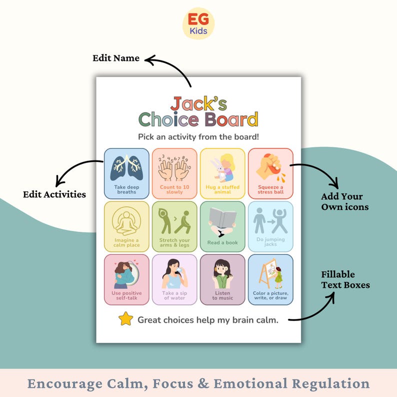 Calm Down Choice Board Printable, Kids Emotional Regulation Tool, SEL ...